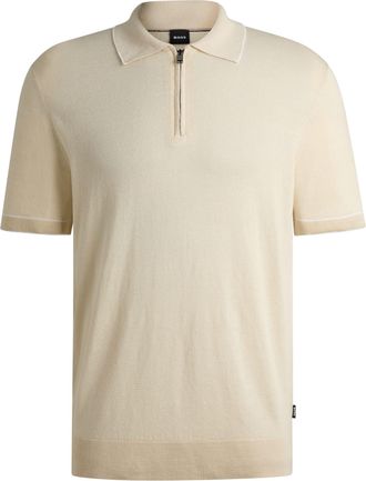 BOSS Herren H-Jiovanotto Kurz&auml;rmeliger Strick-Polo-Pullover aus Leinen-Mix mit Rei&szlig;verschlussleiste Wei&szlig; XL