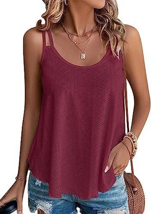 Zeagoo Débardeur dété pour femme - Spaghetti - Avec oeillets - Broderie - Sans manches - Coupe ample, rouge bordeaux, XXL