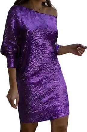 Generic Mini robe asym&eacute;trique &agrave; paillettes &agrave; &eacute;paules d&eacute;nud&eacute;es pour femme - Robe de soir&eacute;e formelle &agrave; paillettes, violet, 3XL