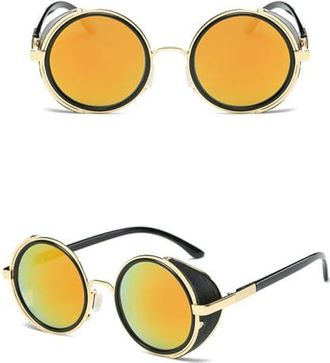 Generic Lunettes de soleil rondes steampunk pour femme - Visière latérale - Verres circulaires - Style vintage rétro punk - Oculos De Sol, 6-or-rouge, Taille 
