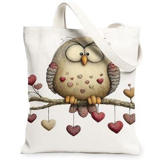 Generic Sacs fourre-tout en toile motif chouette, motif coeur fantaisie, sacs d&eacute;picerie r&eacute;utilisables, l&eacute;gers et lavables en toile pour Sho, blanc, 13x15 Inch