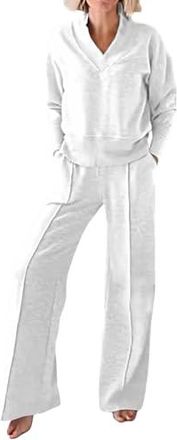 Generic Ensemble deux pi&egrave;ces pour femme - Ensemble de d&eacute;tente - Sweat-shirt &agrave; col en V - Pantalon large - Poches - Tenues d&eacute;t&eacute; - Essentiel pour les vacances, 