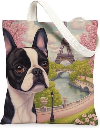Generic Sac fourre-tout en toile motif chien terrier de Boston printanier, 33 x 38,1 cm, tour romantique, sac d&eacute;picerie r&eacute;utilisable pour femme, animal domest
