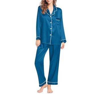 Generic Pyjama en satin pour femme - Grande taille - Ensemble de pyjama 2 pièces à manches longues - Coupe ample - Léger - Col en V boutonné - Poches avant - 
