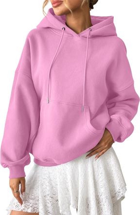 TOMWELL Oversized Hoodie Damen Winter Pullover Casual Kapuzenpullover Langarm Sweatshirt Hoody mit Kapuze A Rosa XXL