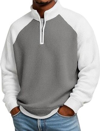 Generic Sweat d&eacute;contract&eacute; &agrave; col montant et fermeture &eacute;clair contrast&eacute;e pour homme, coupe ample, pull polo tricot&eacute; textur&eacute;, gris, 3XL