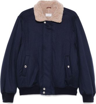 Brunello Cucinelli veste bomber &agrave; col en peau lain&eacute;e - Bleu