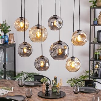 HOFSTEIN H&auml;ngeleuchte Ripoll, 8-flammige H&auml;ngelampe aus Metall/Glas in Schwarz/Rauch/Bernstein, moderne Pendelleuchte im Retro/Vintage-Design (Schirme 20; 25 c