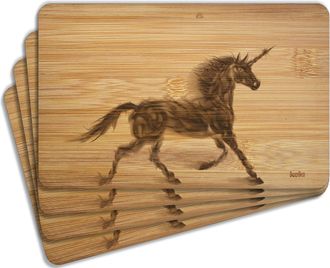 Wallario 4er Set Frühstücksbrettchen aus Holz, Holzunterlage, Holzbrettchen Design Einhorn - aus Flammen, Größe 22 x 14 cm