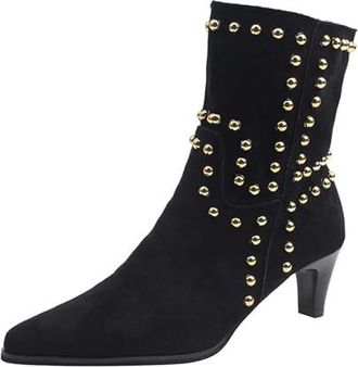 Generic Bottines pour femme à bout pointu et talon bas en daim clouté, Noir, 39.5 EU