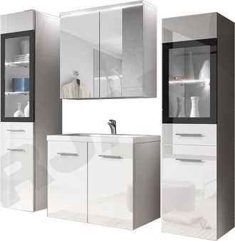 Mirjan24 Badmöbel Set Udine II mit Waschbecken und Siphon, Modernes Badezimmer, Komplett, Spiegelschrank, Waschtisch, Hochschrank, Möbel (ohne Beleuchtung, Wei