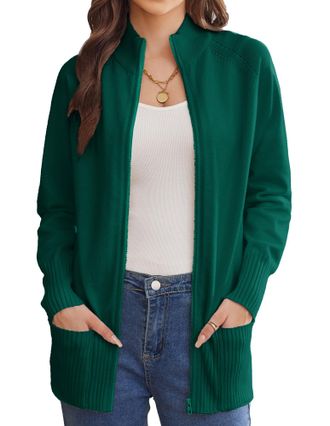 Grace Karin Strickjacke Elegant Festlich mit Langen &Auml;rmeln Basic T&auml;glich L&auml;ssig Strickjacke mit Rei&szlig;verschluss Dunkelgr&uuml;n S