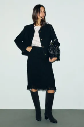 Gerard Darel Jupe droite en tweed &agrave; franges - TESS - Noir