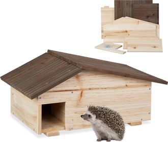 Relaxdays Igelhaus, Holz, Igelhotel mit Boden, 2 Kammern, Winterquartier für Igel, Garten, HBT: 24x46x33,5 cm, Natur