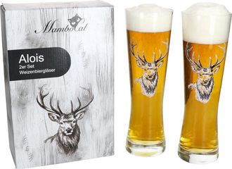 MamboCat Alois 2er Set Weizenbiergläser | Klassische Biergläser mit Hirsch-Motiv für stilvollen Biergenuss | Geschenkverpackung inklusive