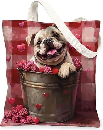 Generic Sac fourre-tout en toile motif bouledogue pour le shopping, 33 x 38 cm, sac d&eacute;picerie r&eacute;utilisable pour la Saint-Valentin, sac d&eacute;picerie pour femme, p