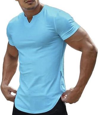 Generic T-shirt pour homme - Col en V - Manches courtes - Pour lété - Haut de couche de base - Pour entraînement et gym, bleu, XXL