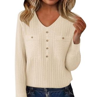 Generic Pull pour femme - Col en V - Fente sur le devant - Bouton - Coupe ajust&eacute;e - Haut en tricot &agrave; manches longues - Doux et confortable - &Eacute;l&eacute;gant chemisier