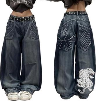 Generic Boyfriend Jean ample pour femme - Pantalon en jean pour femme - Jambes larges - Pantalon hip-hop - Pantalon de jogging - Oversize - Y2K - Jean baggy -