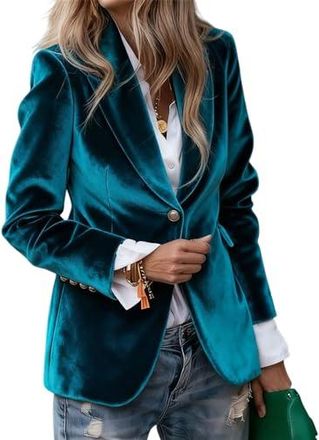Generic Blazer en velours pour femme - Veste d&eacute;contract&eacute;e &agrave; manches longues pour le travail, le bureau, Halloween, No&euml;l, bleu paon, 3XL