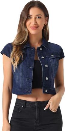 Allegra K Veste en Jean Femme Été Manches Courtes Boutonnage Avant Col Rabattu Bleu profond L