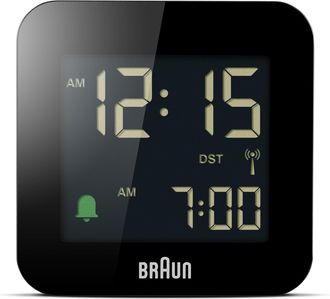 Braun Digitaler Reisewecker Mitteleuropäische Zeitzone (MEZ) mit Schlummerfunktion, kompakte Größe, Negatives LC-Display, Crescendo-Alarm in Schwarz, Modell