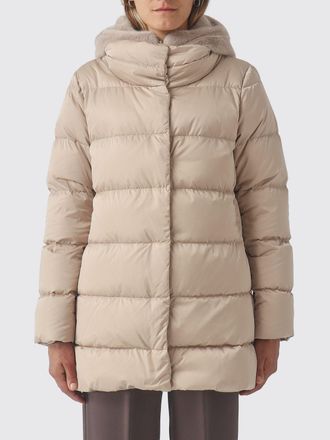 Herno Doudoune longue en satin technique d&eacute;perlant avec capuche en shearling