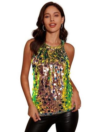 Grace Karin Femme Soir&eacute;e Camisole &agrave; Grosses Paillettes en Mousseline de Soie Col Rond sans Manches D&eacute;bardeurs D&eacute;contract&eacute; Et&eacute; Tops Noir Color&eacute; XL