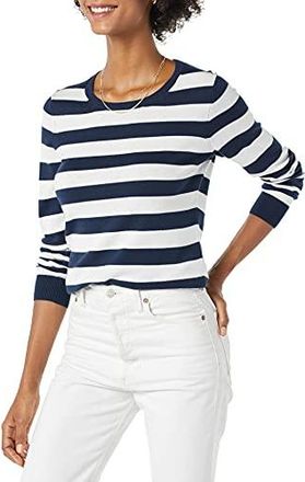 Amazon Essentials Pull Col Rond Léger À Manches Longues (Grandes Tailles Disponibles) Femme, Bleu Marine Blanc Motif Rayures Rugby, XXL