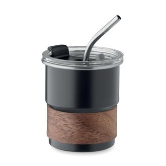 noTrash2003 Nachhaltiger Thermobecher 260 ml recycelter Edelstahl mit Akazienholzgriff, Einwandiger Coffee-to-go Becher mit auslaufsicherem Deckel & Edelstahl-Str