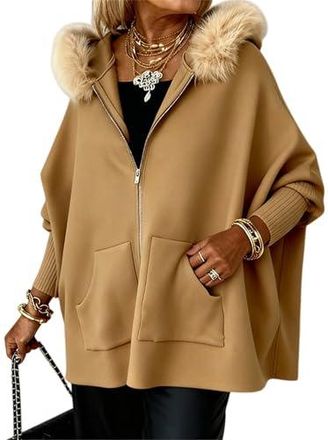 Generic Veste décontractée à col en fourrure pour femme, vêtements dextérieur chauds pour lautomne et lhiver, revers ouvert sur le devant, style à capuche, fe