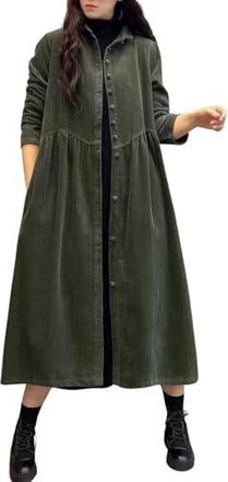 Lazutom Robe chemise en velours côtelé à manches longues et revers boutonné, robe midi plissée avec poches pour lautomne et lhiver, Vert, XL
