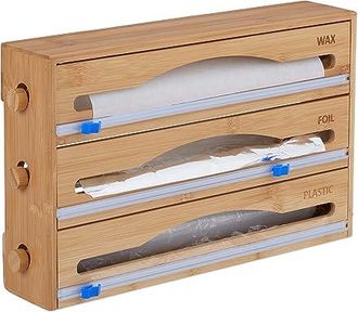 Relaxdays Folienspender 3 in 1, für Wand & Schublade, HxBxT: 23,5 x 39 x 9 cm, Bambus, Folienschneider Küche, Natur