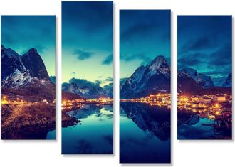 Islandburner Bild Bilder auf Leinwand Sonnenuntergang in Reine Village, Lofoten Inseln, Norwegen Wandbild, Poster, Leinwandbild Lot