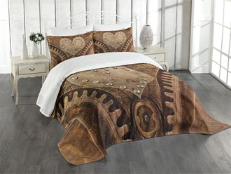 Abakuhaus Steampunk Tagesdecke Set, Herzform und Nieten, Set mit Kissenbezügen Sommerdecke, für Doppelbetten 264 x 220 cm,Braun