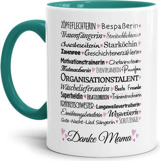 Tassendruck Tasse mit Spruch für Mama - Danke Mama - Kaffee-Tasse/Geschenk-Idee Muttertag Geburtstag/Muttertagsgeschenk/Für Meine Mutter - Innen & Henkel Türkis
