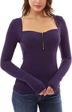 ShiFan Blouse Femme Manches Longues Moulant Tee Shirt Décolleté Hauts avec Zipper Violet XL