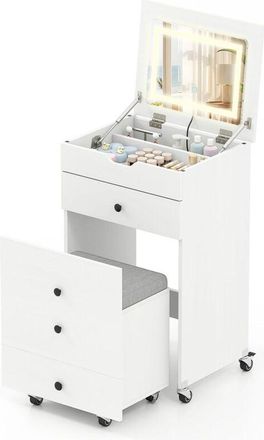 Costway petite coiffeuse compact mini table &agrave; maquillage avec tabouret rembourr&eacute; lumi&egrave;res miroir &agrave; abattant &eacute;clairage LED luminosit&eacute; r&eacute;glable couleur table