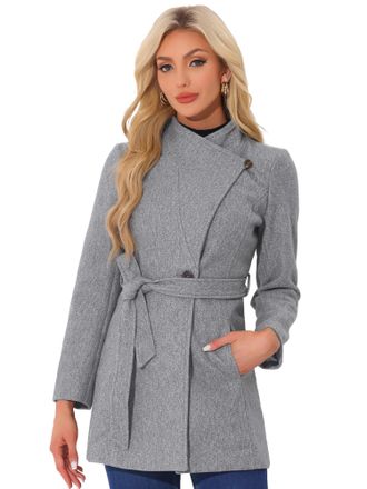 Allegra K Damen Klassischer Stehkragen Langarm Winter G&uuml;rtel Lange Mantel - Grau - Medium
