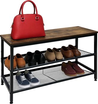 Relaxdays Schuhregal Industrial, 2 Gitterablagen, HBT: 45 x 80 x 30 cm, Schuhst&auml;nder, Ablage in Holzoptik, schwarz/braun