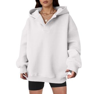 Generic Sweat &agrave; capuche surdimensionn&eacute; pour femme, col en V, polaire, manches longues, parfait pour lautomne et lhiver, blanc, XXL