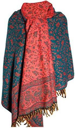 Tibet Foulard en laine de yak pur fabriqu&eacute; &agrave; la main avec motif floral bleu sarcelle orange, Bleu sarcelle/orange., Taille unique