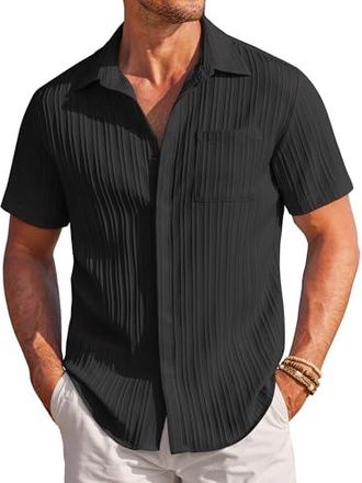 Coofandy Chemises Hommes Manches Courtes Chemise de Plage dété Décontractée Texturée avec Poche Noir S