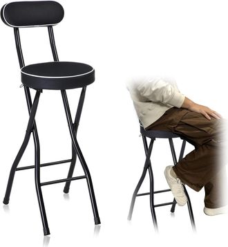 Generic Tragbarer Klappbarer Barhocker mit R&uuml;ckenlehne, 55/60/65/70/75 cm Tresenhocker K&uuml;chenhocker, Schwarzer Zusammenklappbarer Runder PU Kunstleder Barstuh