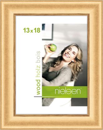 Nielsen Design Bilderrahmen, 13 x 18 cm, Holz, Gold, Fotorahmen zum Auftstellen und Aufh&auml;ngen im Hoch- & Querformat, Echtglas, Derby