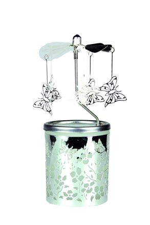 Kerzenfarm Hahn Schmetterling Rotary Karussell f&uuml;r Teelichter, Metall und Glas, Silber, 16,5 cm hoch