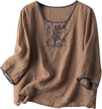 Generic Chemisier d&eacute;contract&eacute; boh&egrave;me en dentelle pour femme - Tunique boh&egrave;me vintage brod&eacute;e florale 2025 - Haut indien &agrave; volants sur le devant pour femme &acirc;g&eacute;e