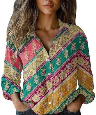 Generico Chemise Femme D&eacute;contract&eacute;e Manches Longues Blouse Coton Et Lin Curvy Grande Taille Chemisier Col en V Doux T Shirt Vintage Fantaisie avec Boutons Mode