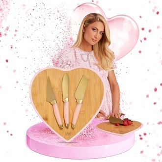 Paris Hilton 4-teiliges Brett- und Käsemesser-Set aus Edelstahl und Bambus - Inkl. Wendbarem Schneidebrett, Silber