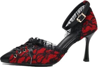Generic Escarpins &agrave; bout pointu ferm&eacute; avec sangle de cheville et boucle en dentelle &eacute;l&eacute;gante pour mariage, f&ecirc;te, soir&eacute;e, Rouge, 40.5 EU